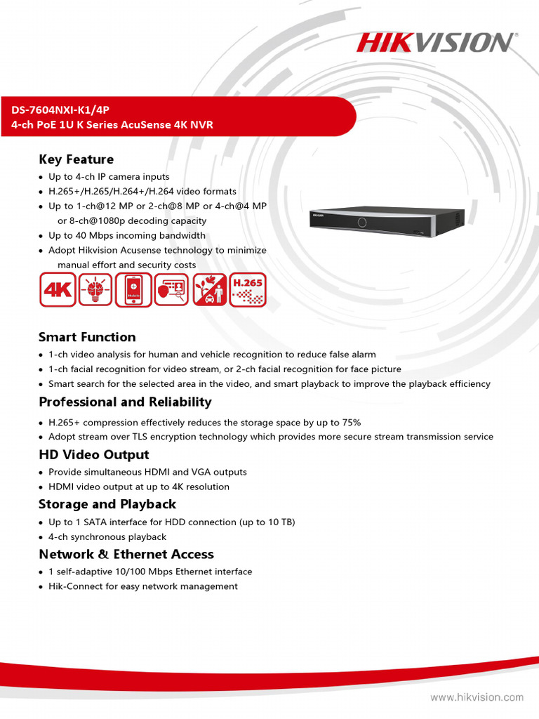 Datasheet-of-DS-7604NXI-K1 - NVRB - V4.74.000 - 20240111 | PDF | Hdmi | Video