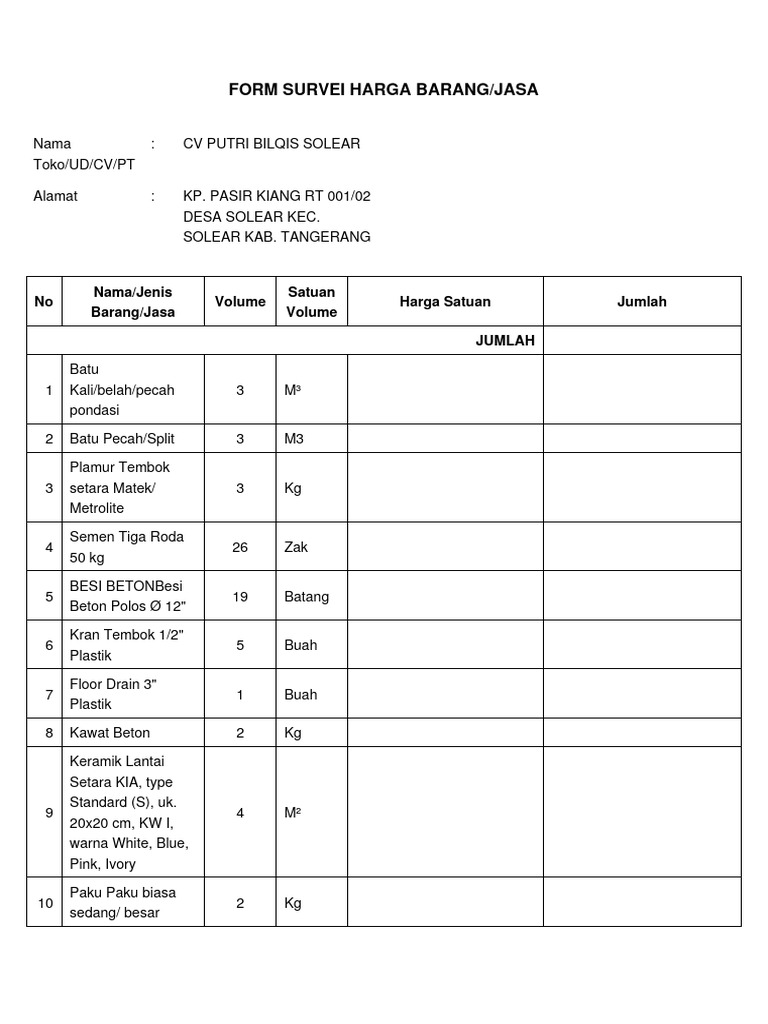 Format Survei Harga Barang/Jasa | PDF | Griya & Taman