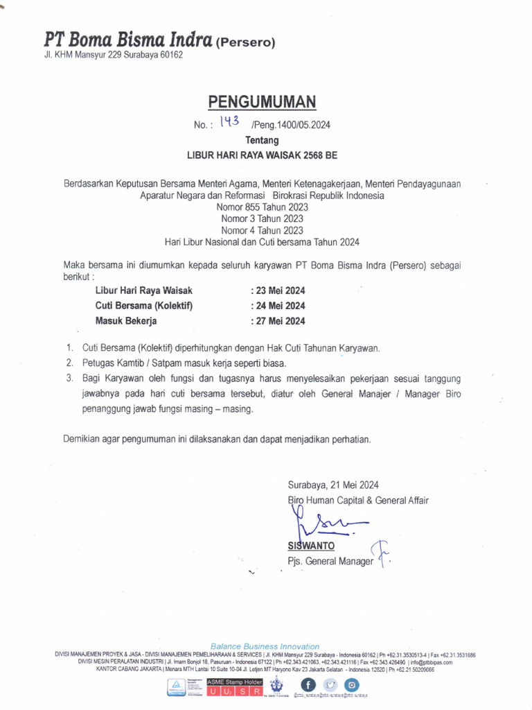 Pengumuman Libur Keagamaan Dan Cuti Bersama Hari Raya Waisak 24 | PDF