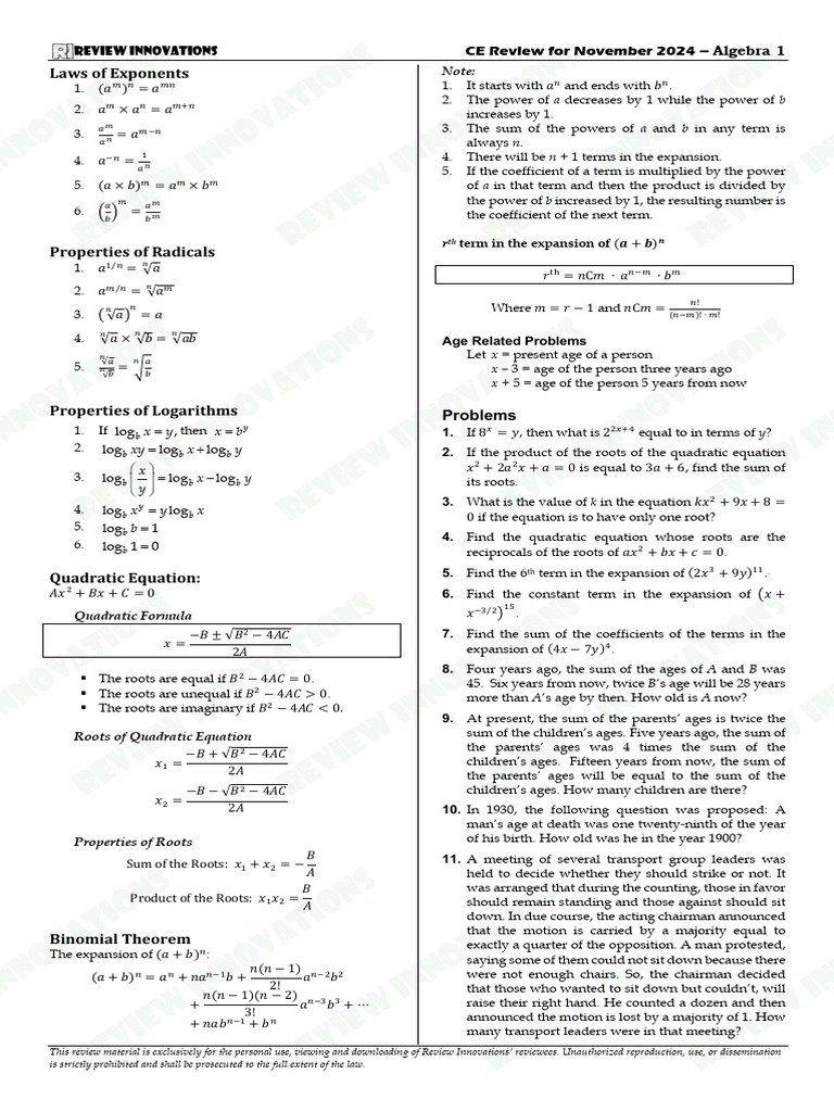 Algebra 1 Review and Problem Set | PDF | Quadratic Equation | Arithmetic