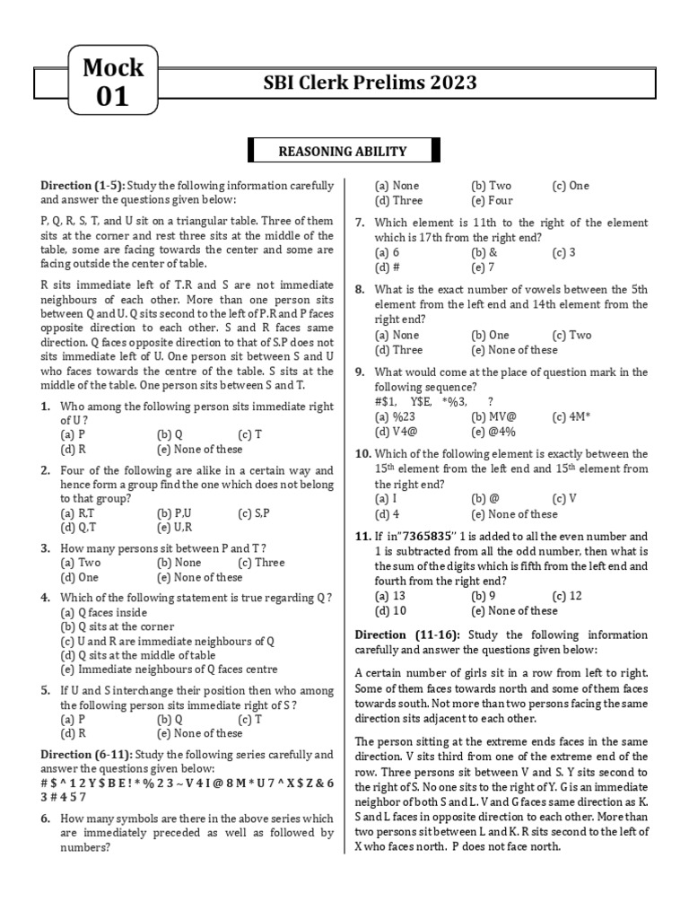 SBI Clerk Prelims 2023: Reasoning Ability | PDF | Mathematics
