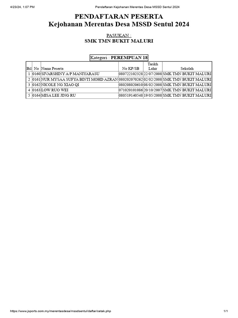 Pendaftaran Kejohanan Merentas Desa MSSD Sentul 2024 (P18) | PDF