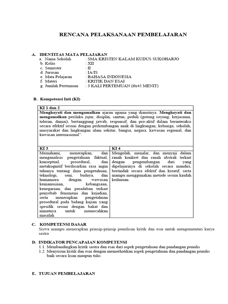 RPP BBI 2 KRITIK DAN ESAI | PDF