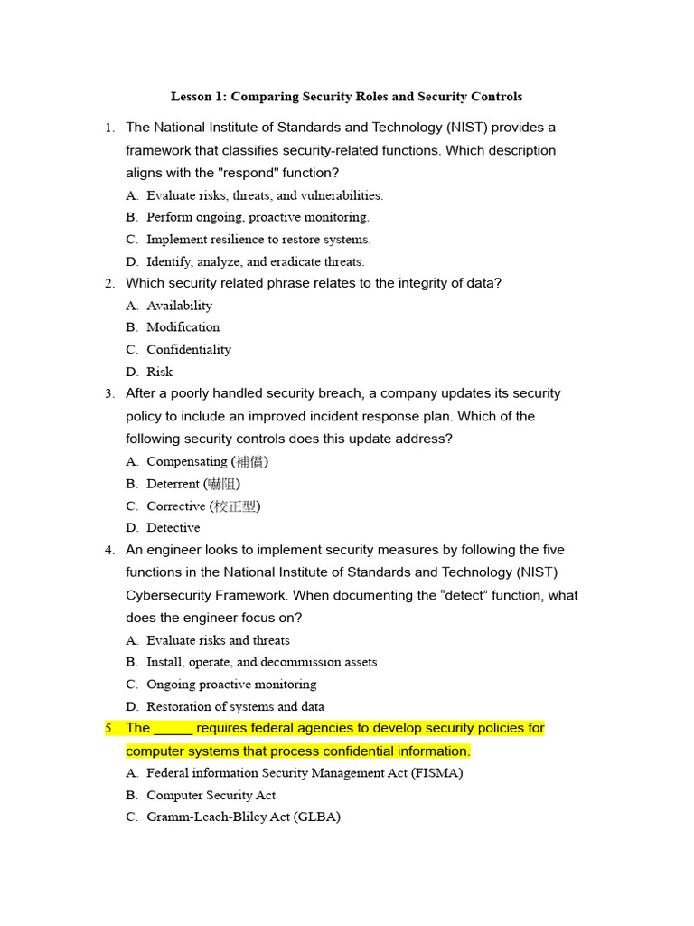 Lesson 1 Comparing Security Roles And Security Controls Pdf