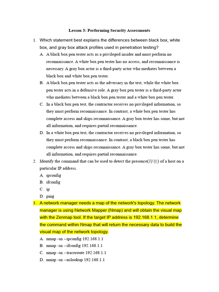 Lesson 3 Performing Security Assessments Pdf Penetration Test