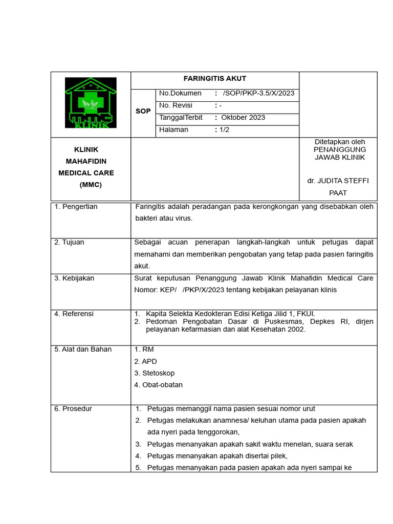 Sop Faringitis Akut | PDF