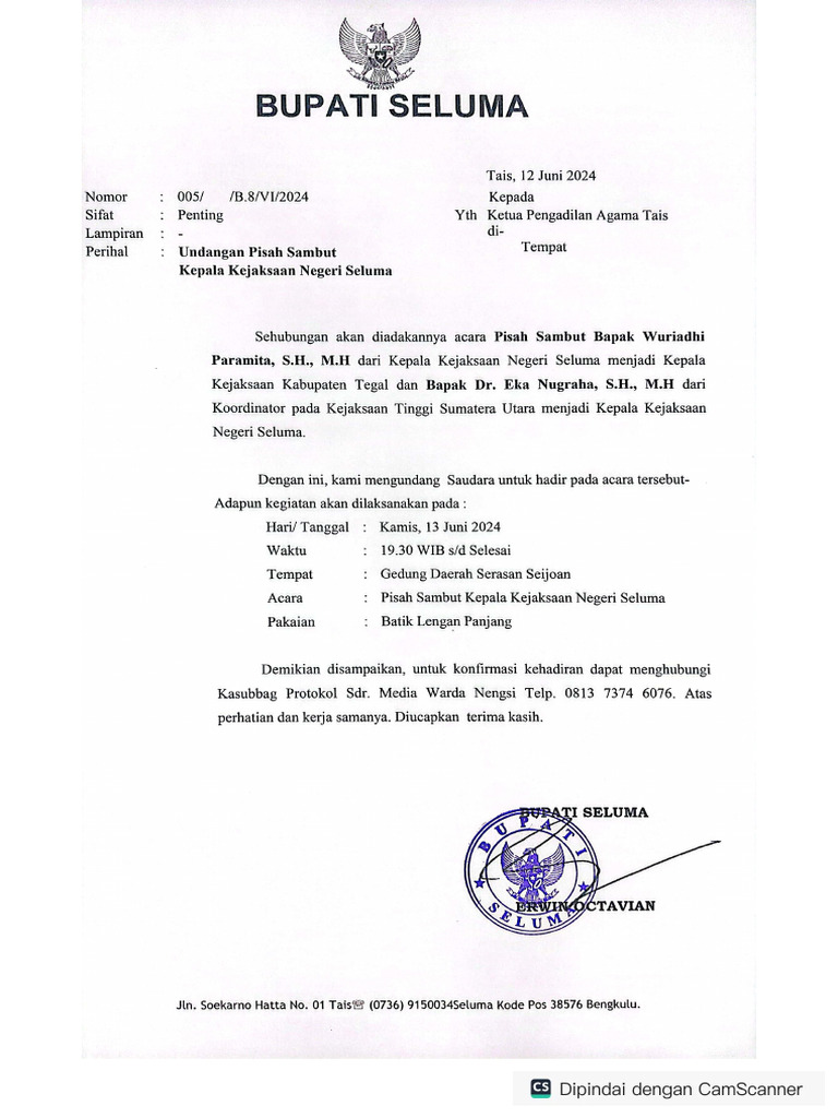 Undangan Pisah Sambut Kajari Seluma Untuk Ketua PA Tais | PDF