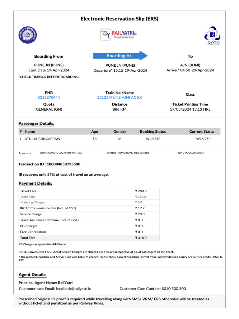 Electronic Reservation Slip (ERS) : Boarding From To | PDF | Identity ...