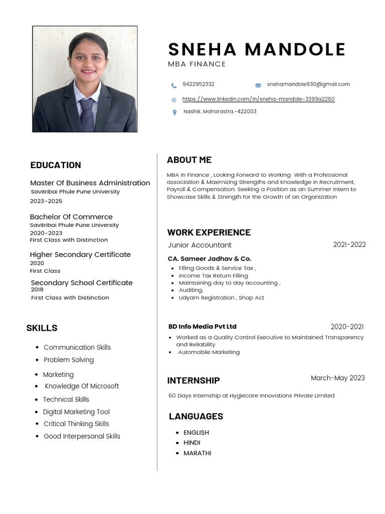 CV Sneha Mandole | PDF | Master Of Business Administration | Economies
