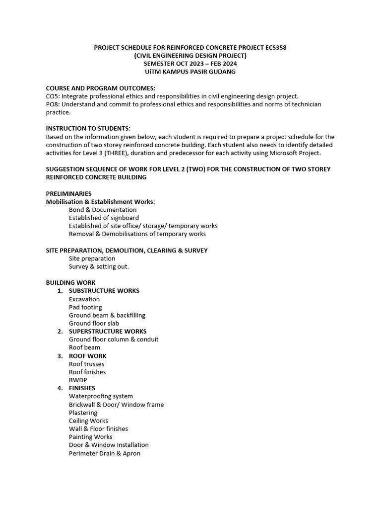PROJECT SCHEDULE FOR REINFORCED CONCRETE PROJECT ECS358 - Endorsed ...