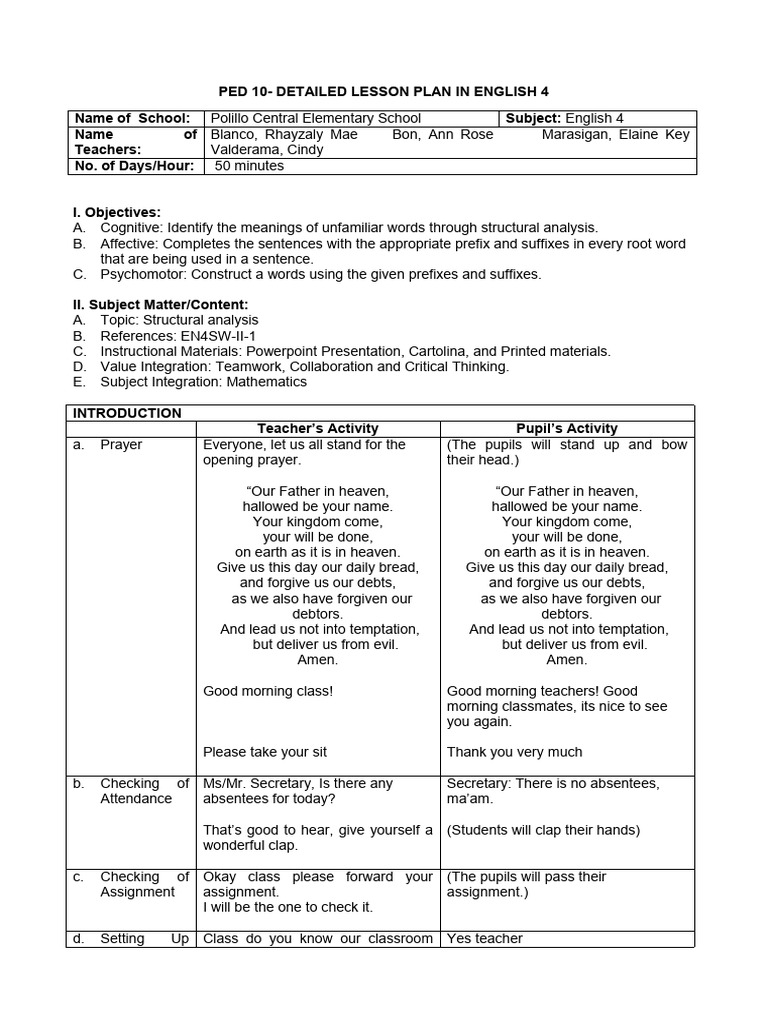 Ped10 Lesson Plan | PDF | Lord's Prayer | Word
