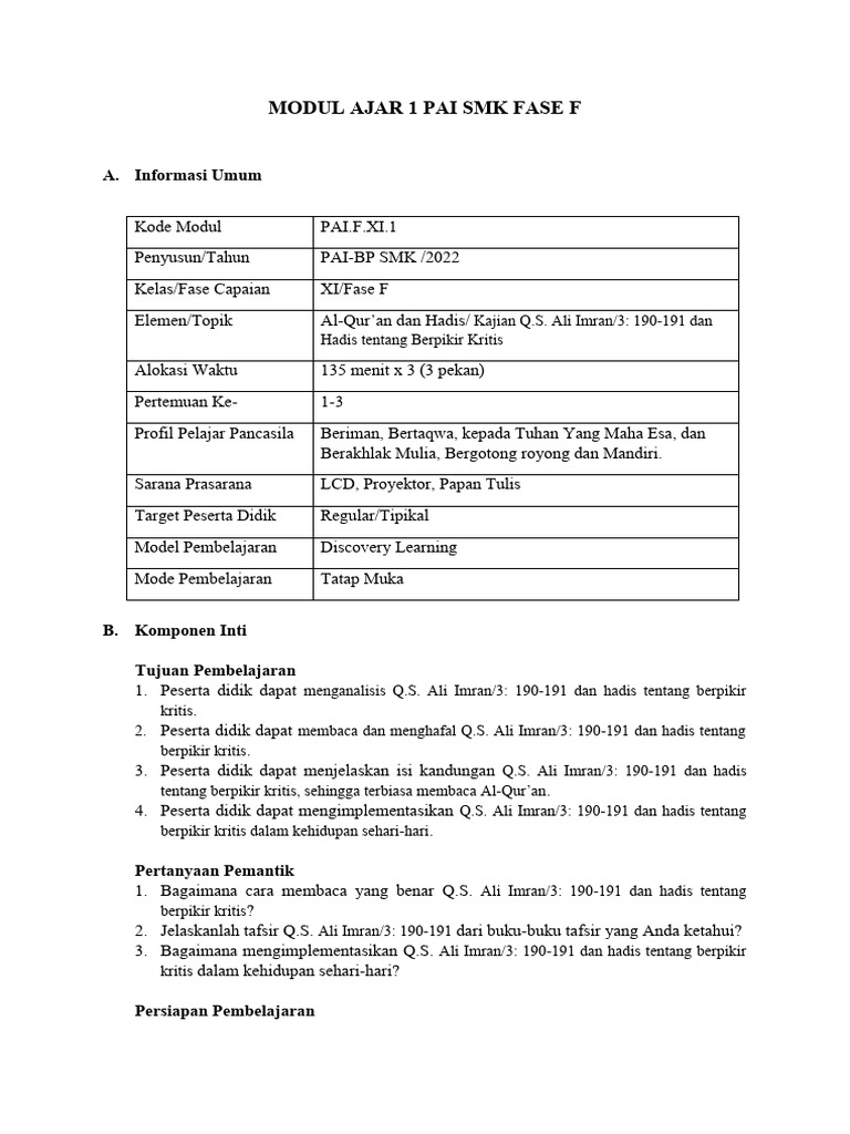 Modul Ajar 1 Pai SMK Kelas Xi Bab 1 - Oke | PDF