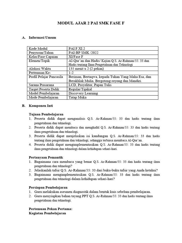 Modul Ajar 2 Pai SMK Kelas Xi Bab 2 - Oke | PDF | Karier & Perkembangan | Seni