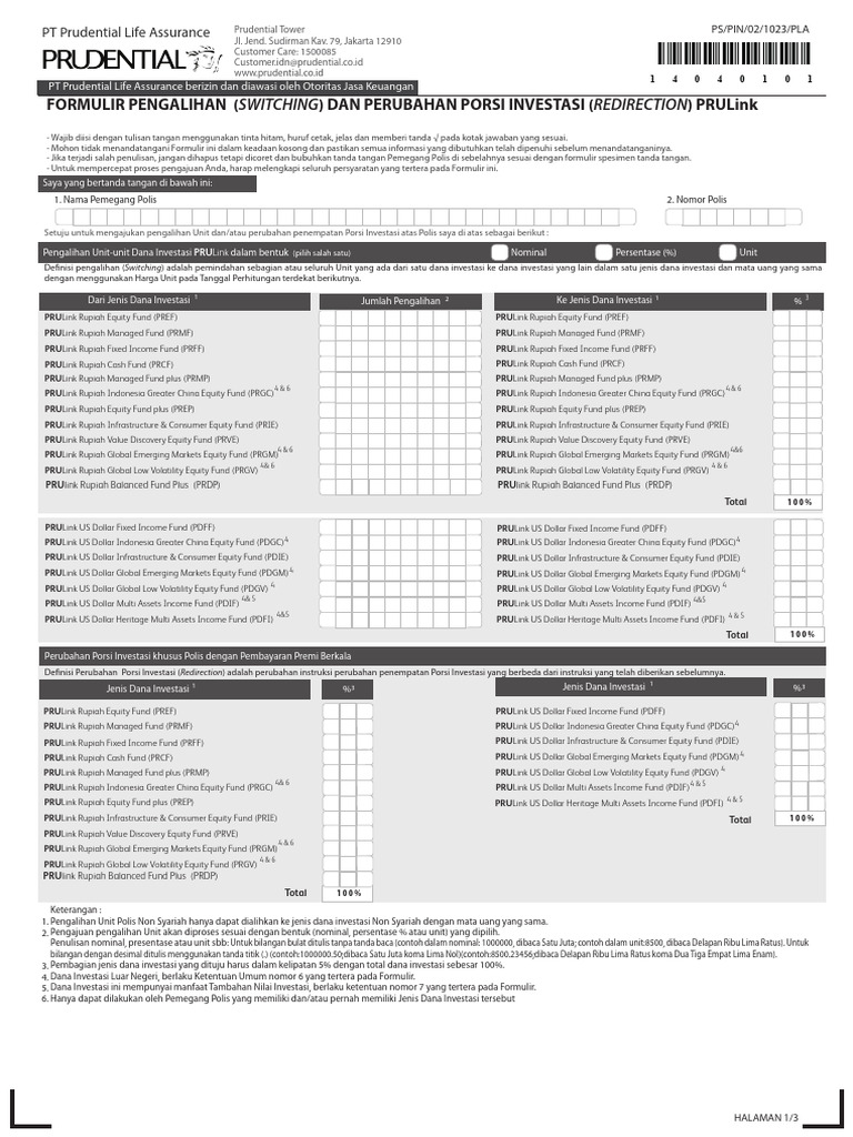Formulir Pengalihan Unit PRULink | PDF