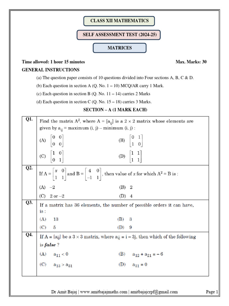 Class XII Math: Matrices Test | PDF | Functions And Mappings | Operator ...