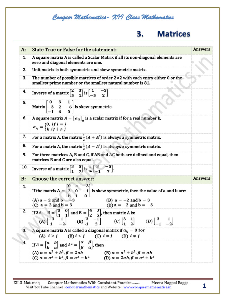 XII 3 Matrices MCQ | PDF | Matrix (Mathematics) | Functions And Mappings