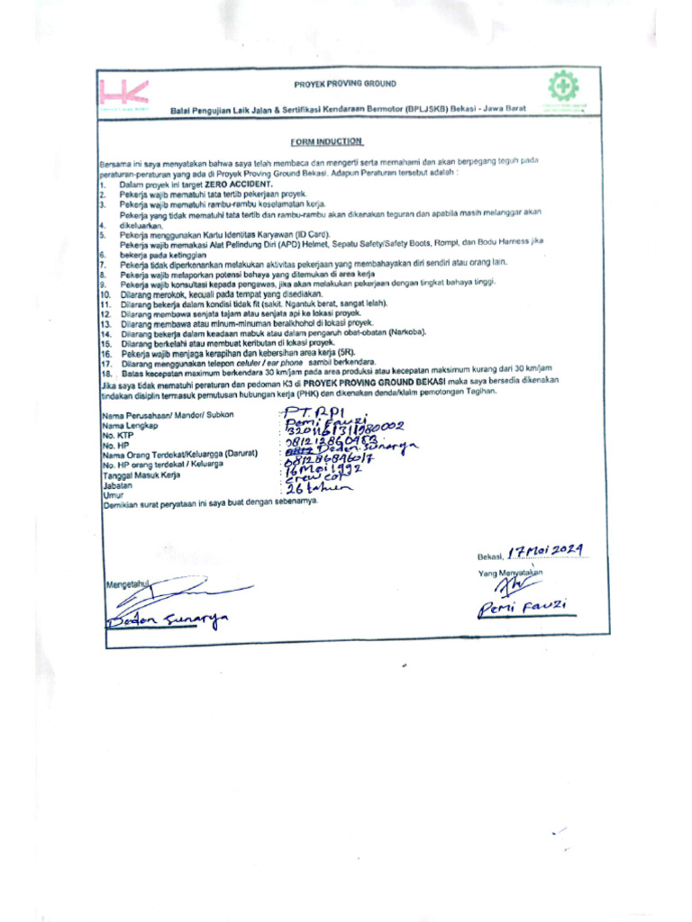 Form Induction Pekerja Baru RPI | PDF