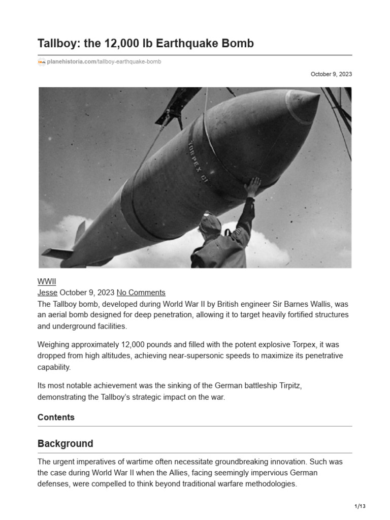 British Bombs, Tallboy 12000 LB Earthquake Bomb - Planehistoria - Com ...