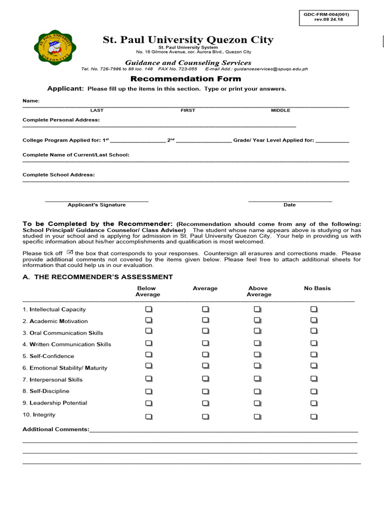 Recommendation Form | PDF | Psychology | Behavioural Sciences