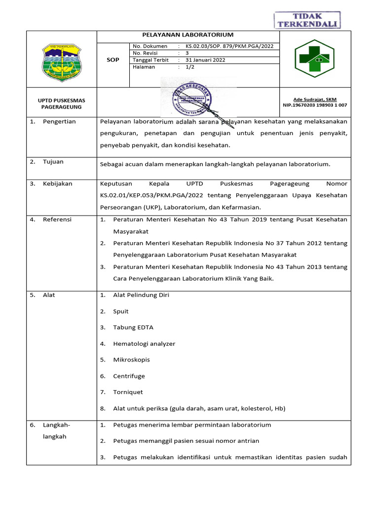 Sop Pelayanan Laboratorium | PDF