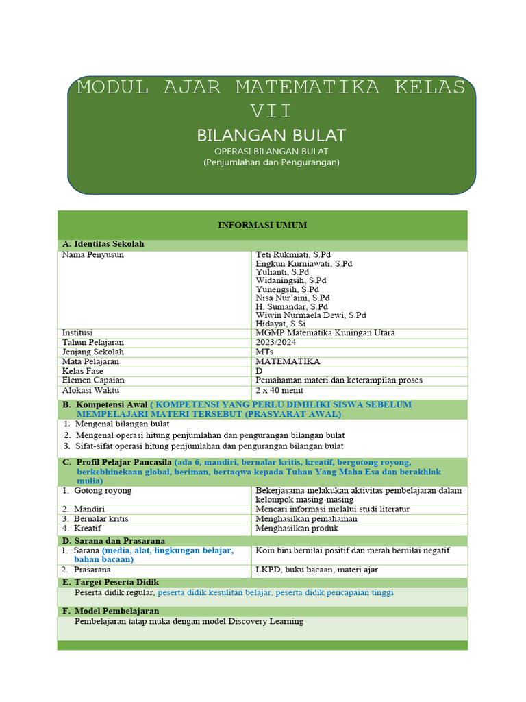 Modul Ajar On - 1 MGMP Matematika (Kelompok 2) | PDF