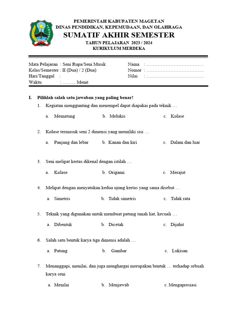 Soal SBDP Kelas 2 Sem 2 | PDF