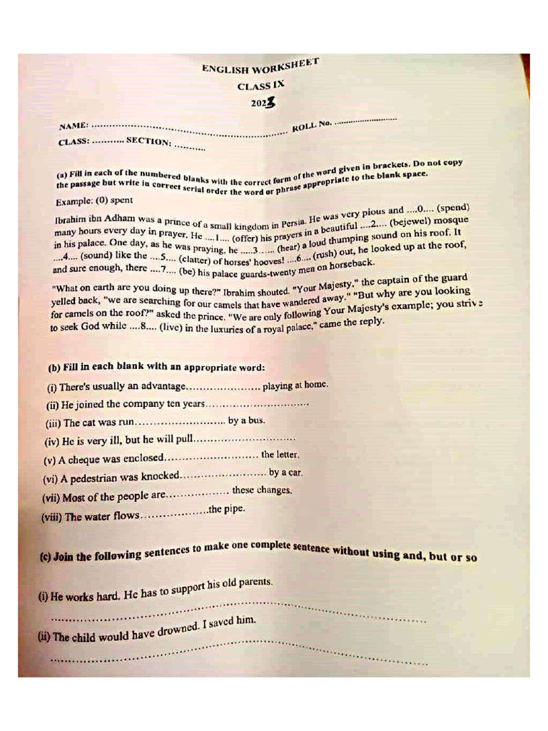 Worksheet Class 9 | PDF