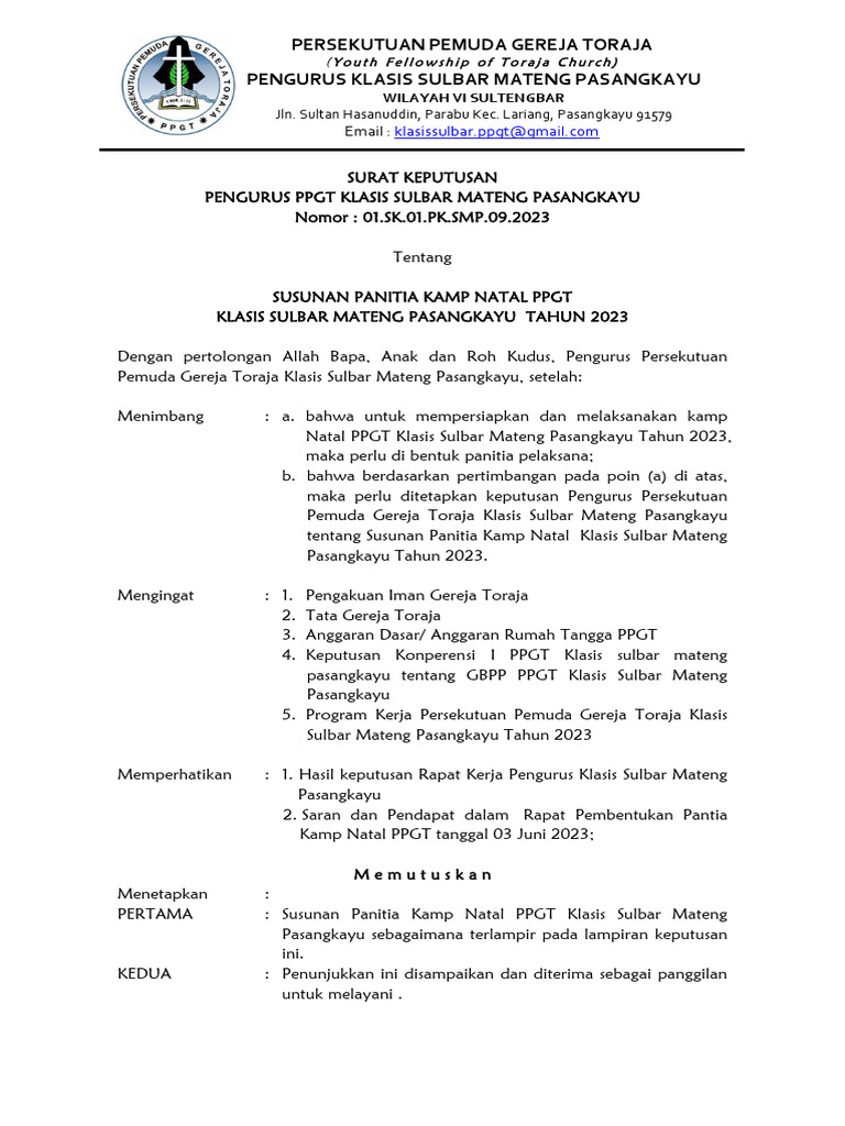 Susunan Panitia Kamp Natal PPGT 2023 | PDF