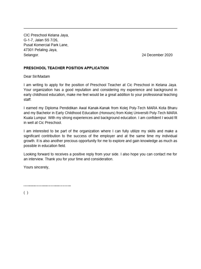 Cover Letter For Preschool Teacher Application | PDF | Career & Growth