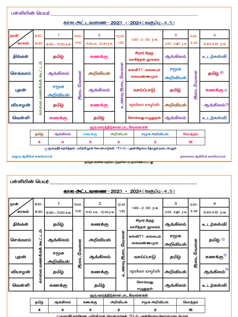 Ee - Time Table 2023-24 (4 - 5) TT Primary TLM Group | PDF
