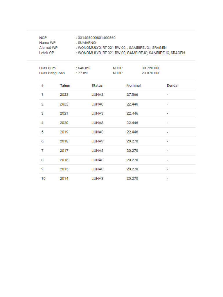 Bukti Bayar PBB 2023 Sambirejo | PDF