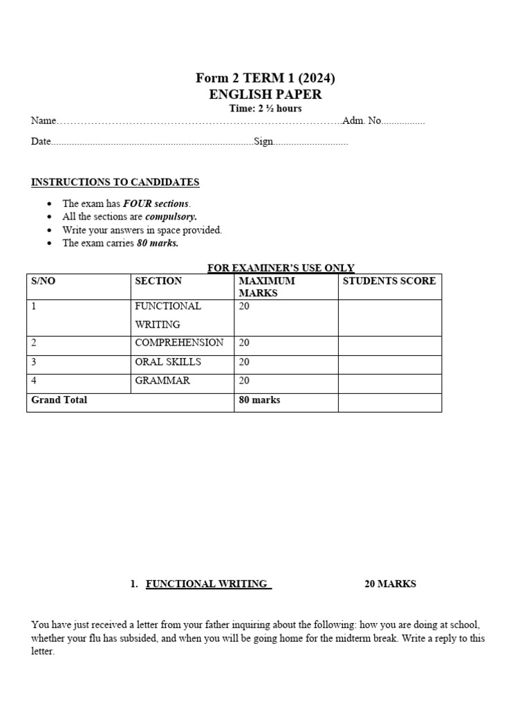 English Form 2 Exam Term 1 Qs - Teacher - Co - .Ke | PDF | Disciplines ...
