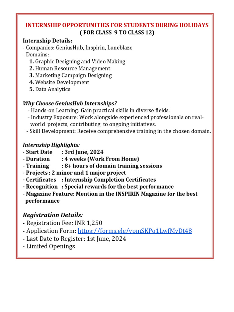 Circular 20240531125026 Internship Programme For CL 9-Cl10 During Holidays 2024 | PDF
