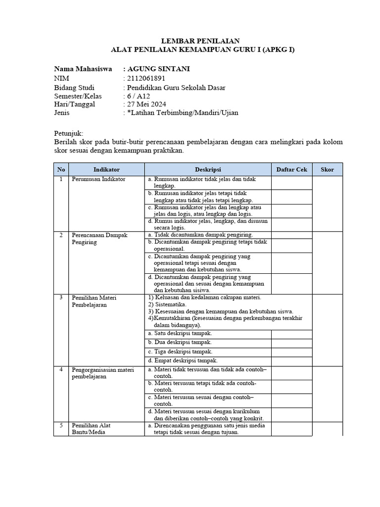 Lembar Penilaian Praktek Mengajar Agung | PDF