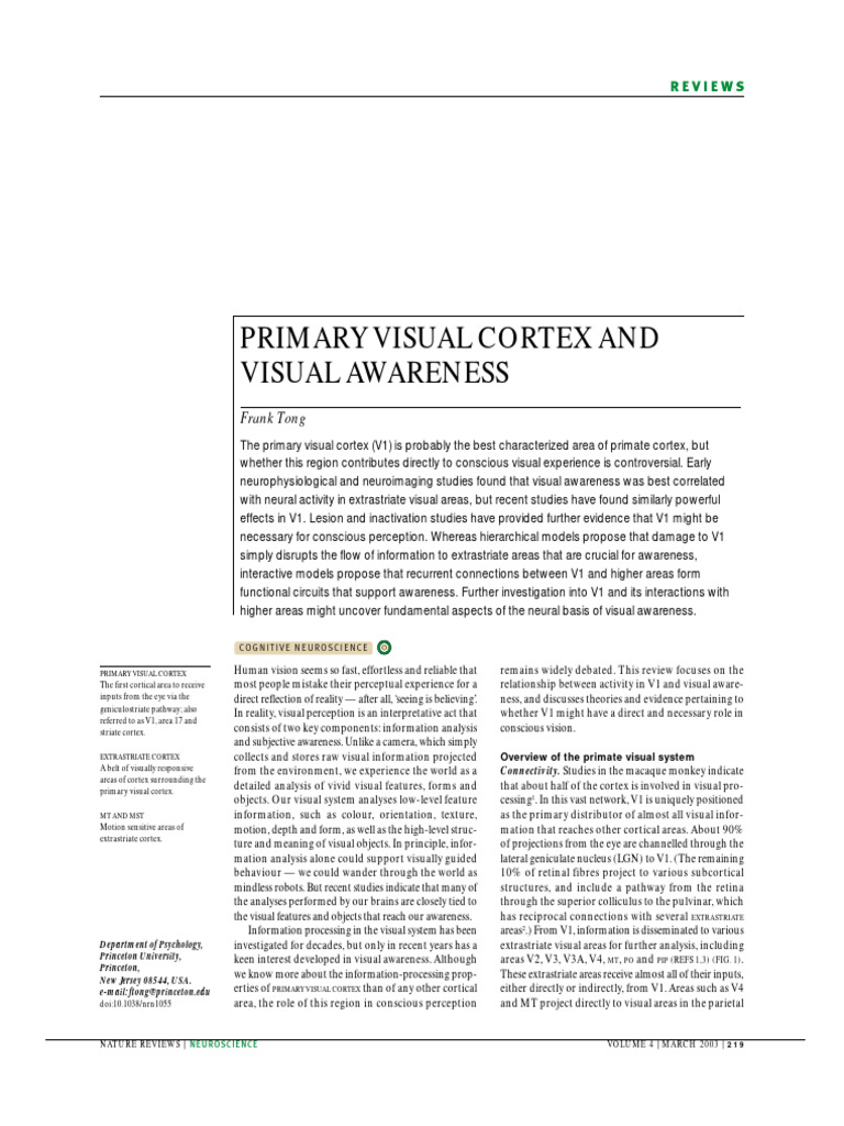 2003 Primary visual cortex and visual awareness | Download Free PDF | Visual Cortex | Visual System