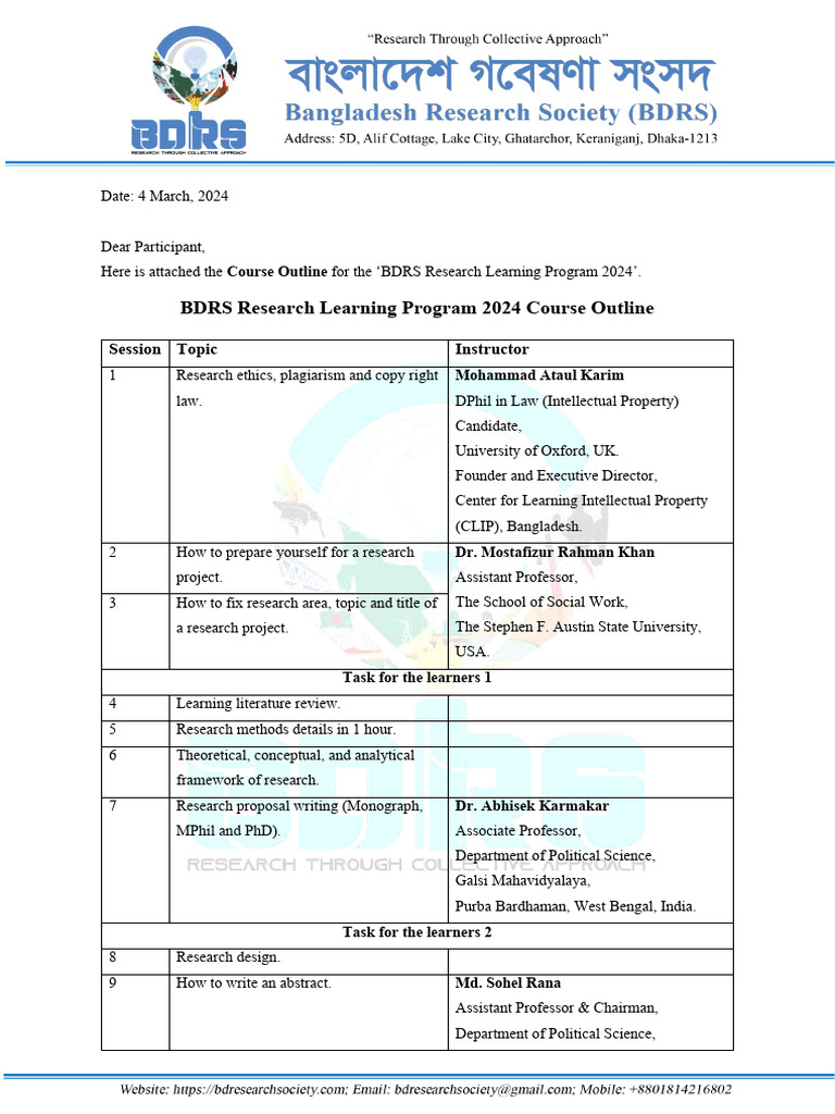 Course Outline of BDRS RLP2024 P | PDF | Doctor Of Philosophy | Science