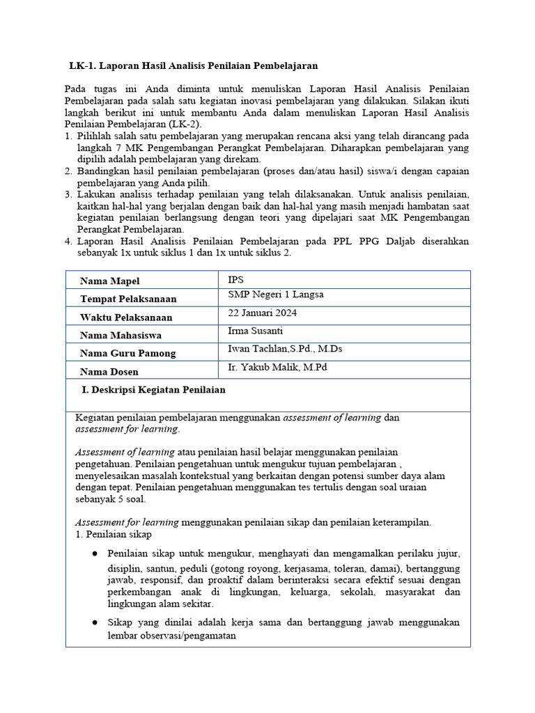 Lk-1.laporan Hasil Analisis Penilaian Pembelajaran-Irma Susanti Siklus 2 | PDF