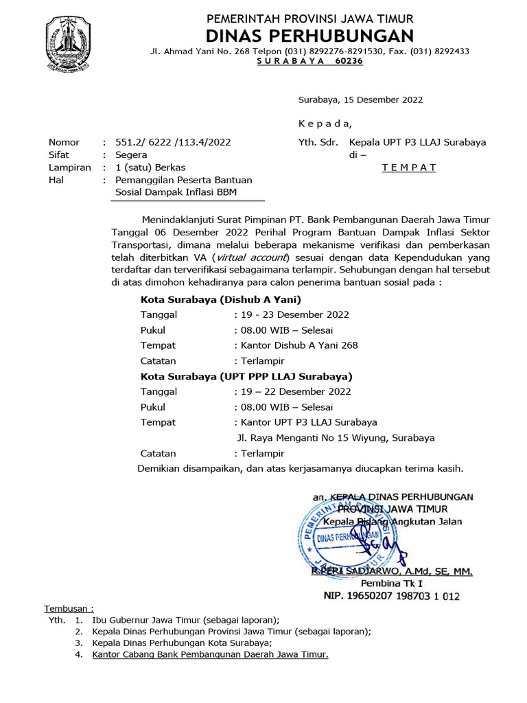 Pemanggilan Peserta Bansos Dishub Prov Wil Kota Surabaya | PDF