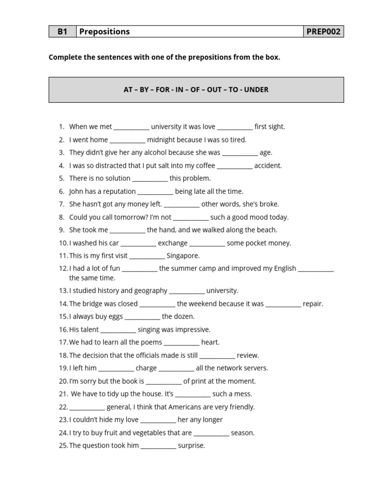 Exercise Prepositions - PDF Grammar Worksheet - B1 - PREP002 | PDF