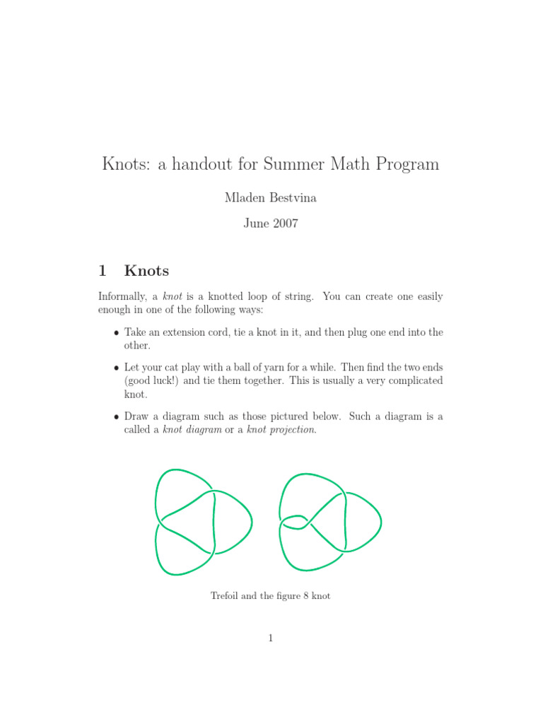 Knots-A Handout For Summer Math Program | PDF | Knot | Mathematics