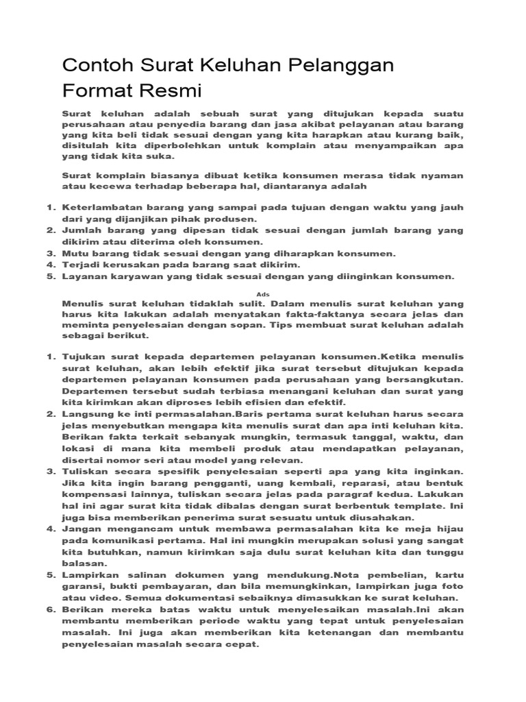 Contoh Surat Keluhan Pelanggan Format Resmi | PDF | Karier ...