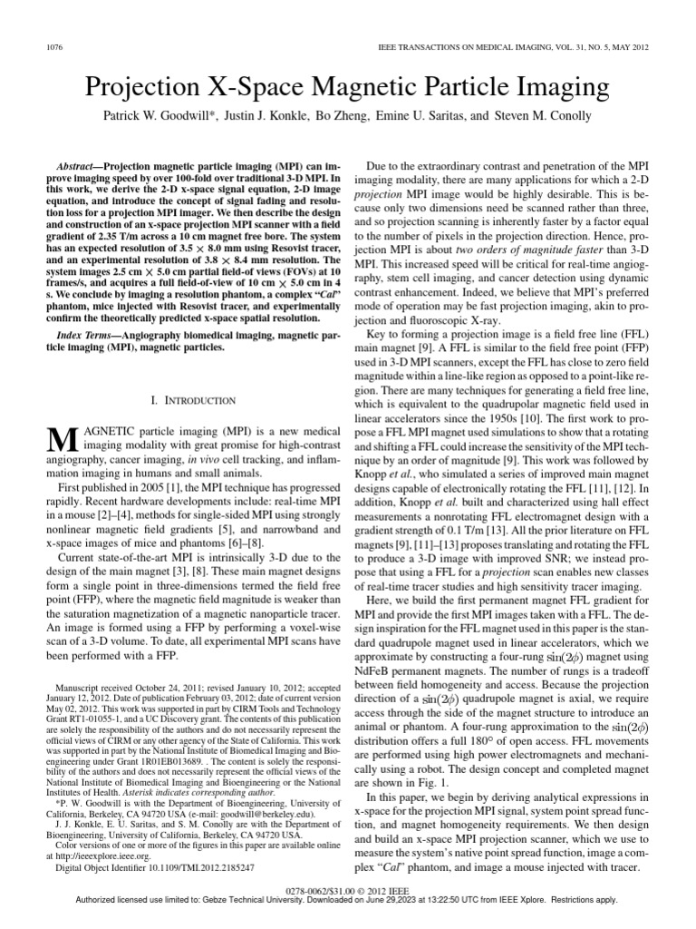 Projection X-Space Magnetic Particle Imaging | PDF | Medical Imaging ...