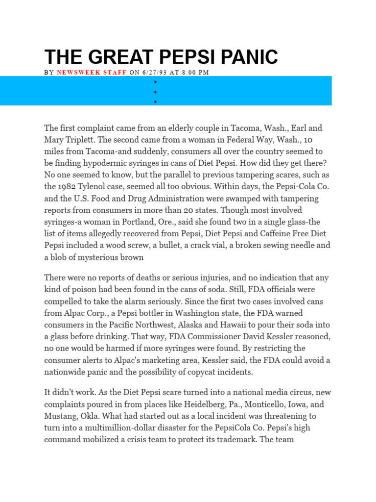 The Great Pepsi Panic | PDF | Food And Drug Administration