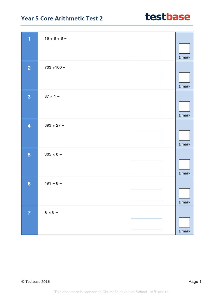 Year 5 Core Arithmetic Test 2 | PDF | Mathematics | Arithmetic