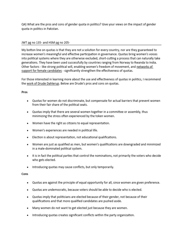 Q4 Gender 2016 Pros and Cons of Gender Quota | PDF | Parental Leave ...