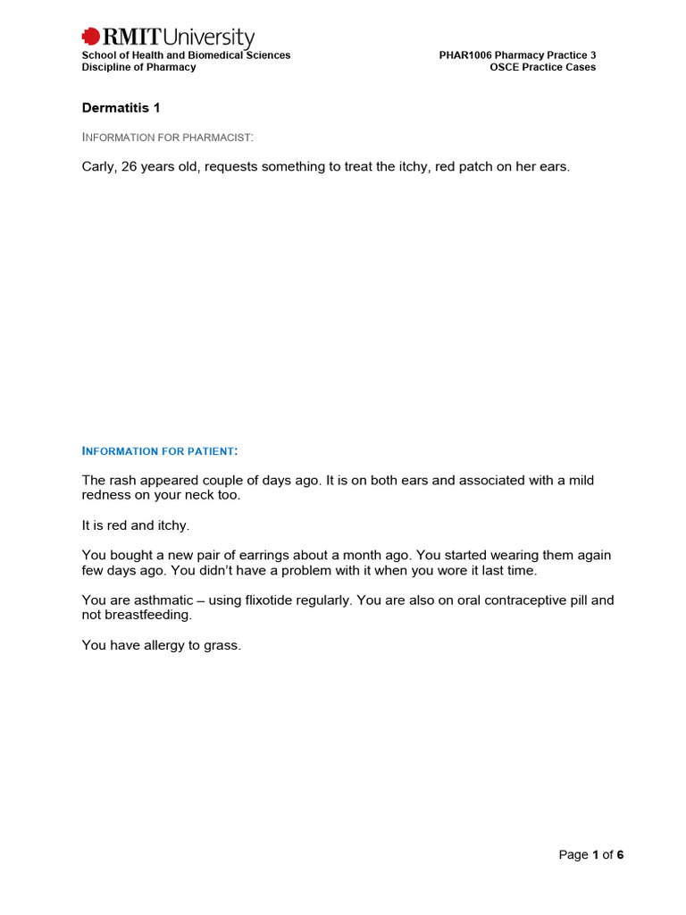 OSCE Cases: Dermatitis & Rash Management | PDF | Dermatitis | Pharmacy
