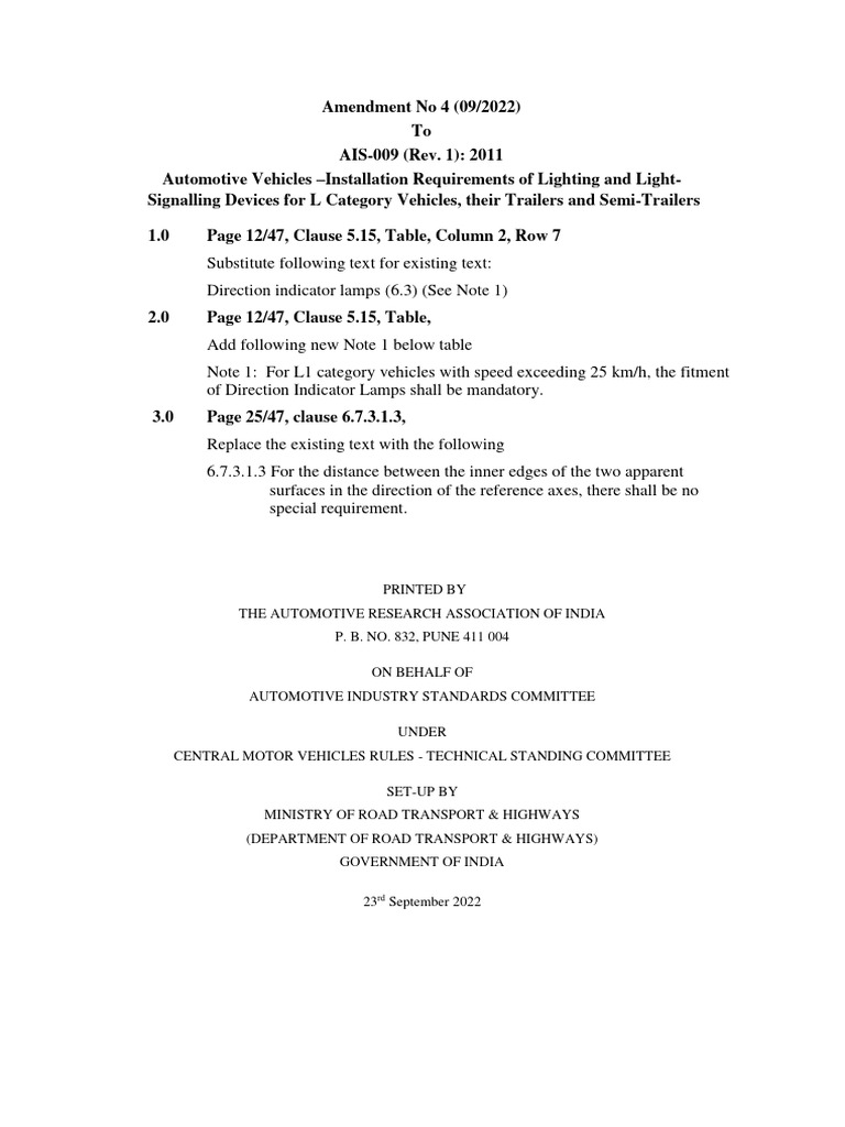 AIS-009 (Rev. 1) 2011 Amendment No 4 (09 2022) To Automotive Vehicles - Installation ...
