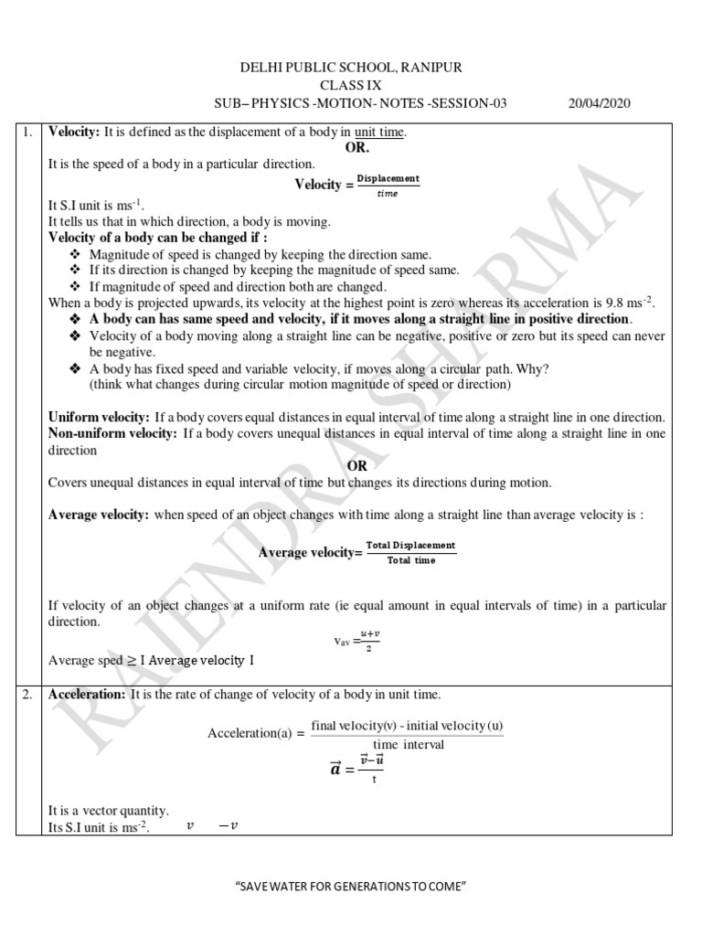 Class Ix Physics Motion Notes Session 03 20042020 | PDF | Velocity ...