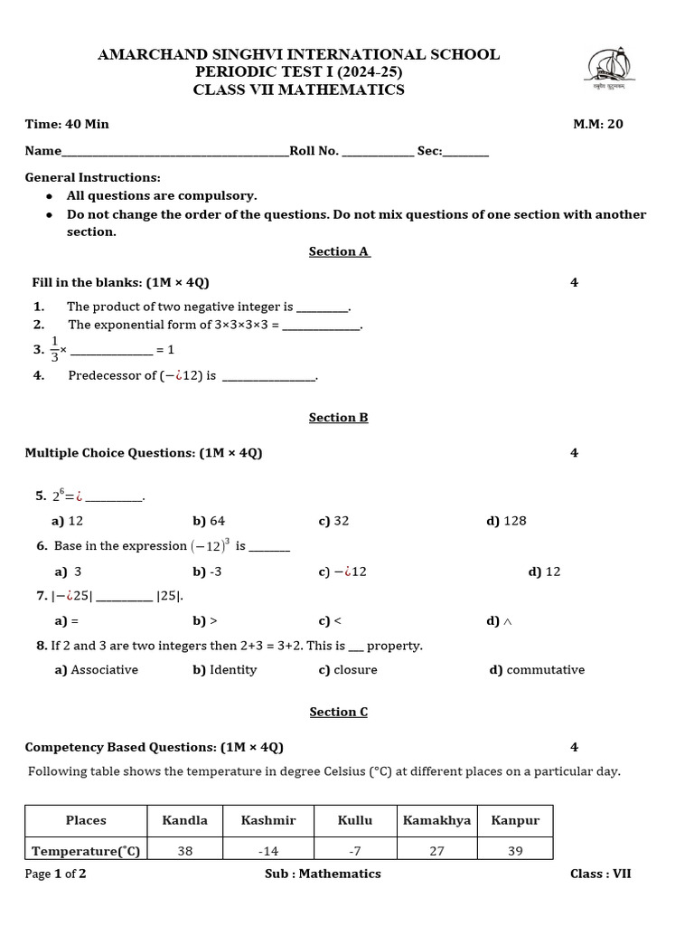 Class 7 Maths Periodic Test I | PDF | Mathematics | Arithmetic
