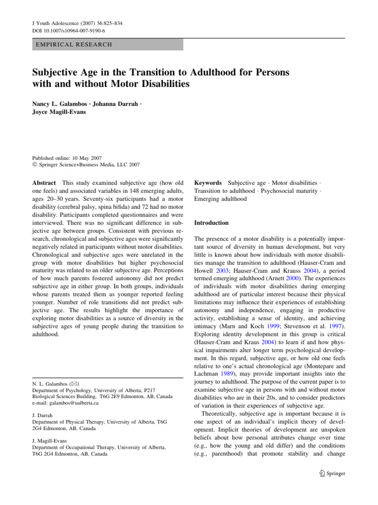 Subjective Age in The Transition To Adulthood For Persons With and ...